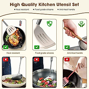 AHNR 33 Pcs Silicone Cooking Utensils Set, 446°F Heat Resistant Kitchen Utensils, Spatula, Spoon, BPA Free Wooden Handle Silicone Kitchen Gadgets Utensil Set with Holder for Non-Stick Cookware Khaki