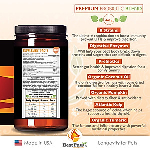 Best Paw Nutrition Dog & Cat Premium Probiotic Prebiotic & Digestive Enzymes 5 Billion CFU Organic Turmeric Coconut Oil Pure Pumpkin & Kelp for Healthy Bowels Gut & UTIs