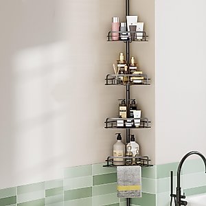 4 Tier Rustproof Shower Caddy Corner for Bathroom,Shower Organizer Corner Shelf Tension Pole, Adjustable Shower Shelves for Shower,,48 to 115 Inch,Bathtub Storage Organizer for Shampoo Accessories