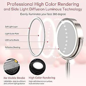 VESAUR 8" Rechargeable Lighted Makeup Mirror, 1X/10X Magnifying Mirror with 3 Colors 50 LED Lights, Touch Screen Brightness Adjustable, Removable Travel Vanity Mirror 360° Rotation, Senior Nickel