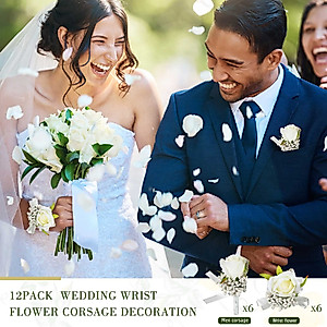 Geosar 12 Pcs Wedding White Corsage and Boutonniere Set for Bride, Bridesmaid, Includes 6 Artificial Corsage Wristlet and 6 Boutonniere for Men Wedding Wrist Corsage Rose Prom Suit Decorations