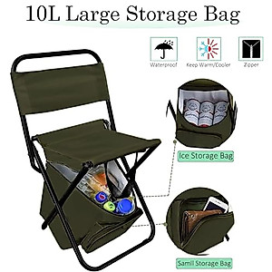 Sequpr Portable Foldable Camping Chair with Cooler Bag, Lightweight Backrest Stool Compact Folding Chair Seat, Outdoor Backrest Stool with Folding Backpack for Camping Hunting Fishing Hiking Green