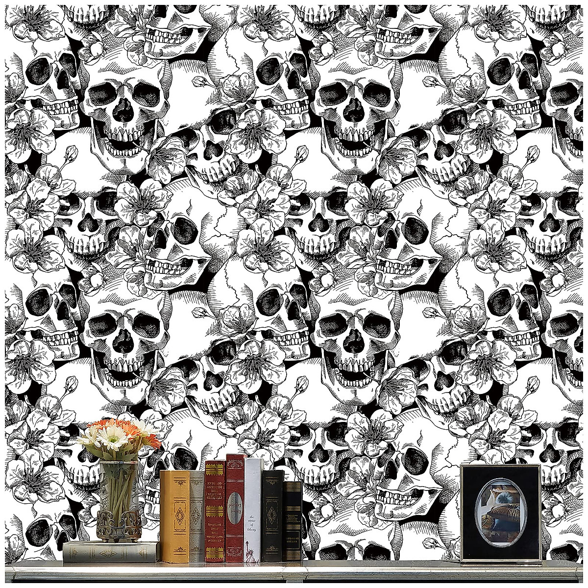 HAOKHOME Halloween Peel and Stick Wallpaper Sugar Skull Floral for Bedroom Black/White Removable Accent Wall Decorations 17.7in x 32.8ft
