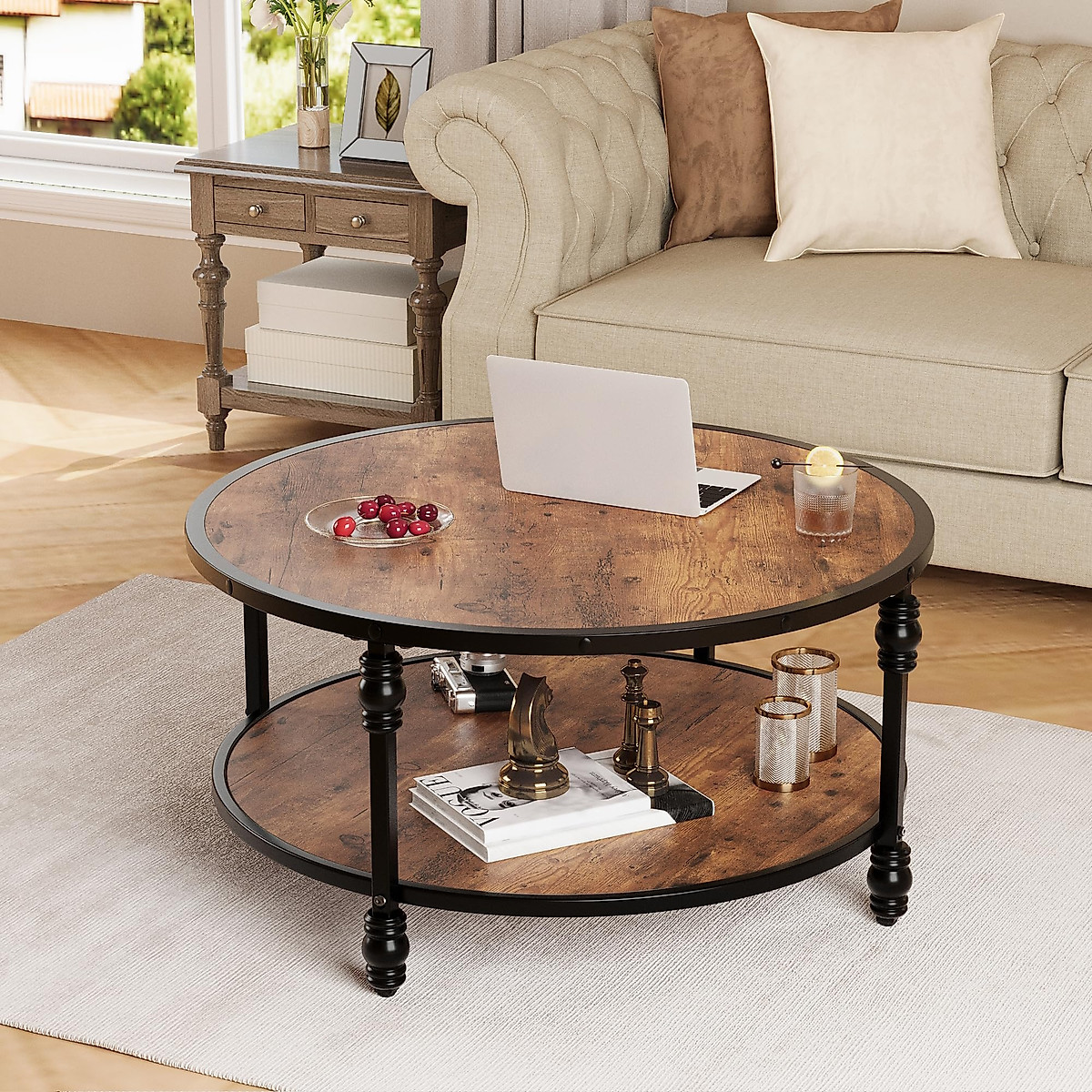 GAOMON Round Coffee Table Living Room 2-Tier Rustic Wood Center Table with Storage Shelf Modern Circle Coffee Table with Sturdy Metal Legs, Easy Assembly