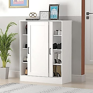 Homsee Shoe Storage Cabinet with 2 Sliding Doors, Wooden 4-Tier Shoe Rack Organizer for Entryway, White (31.5”L x 13.8”W x 40”H)