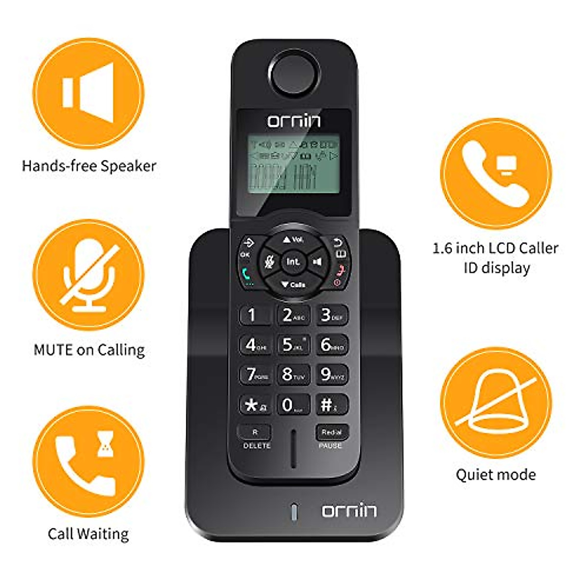 Ornin D1005 Cordless Landline Telephone for Home and Office Use, ECO Technology, Rubber Oil Injection(Single Pack, Black)…
