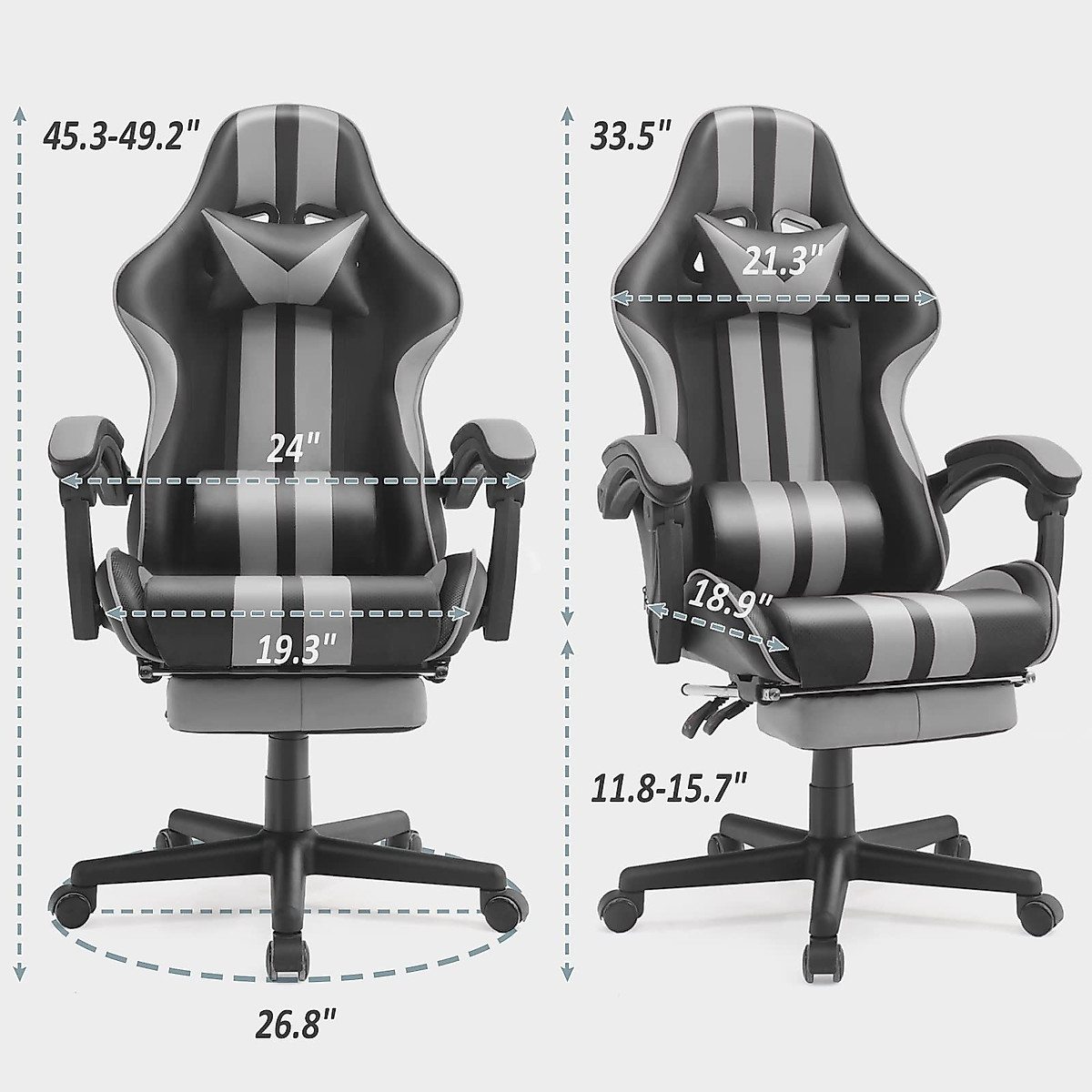 Ferghana Grey Gaming Chairs with Footrest,PC Gaming Chair,Computer Chair, E-Sports Chair,Ergonomic Office Chair with Adjustable Headrest and Lumbar Support(Grey)