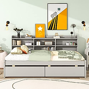 HomSof Twin Bed with Side Bookcase, Drawers,Gray