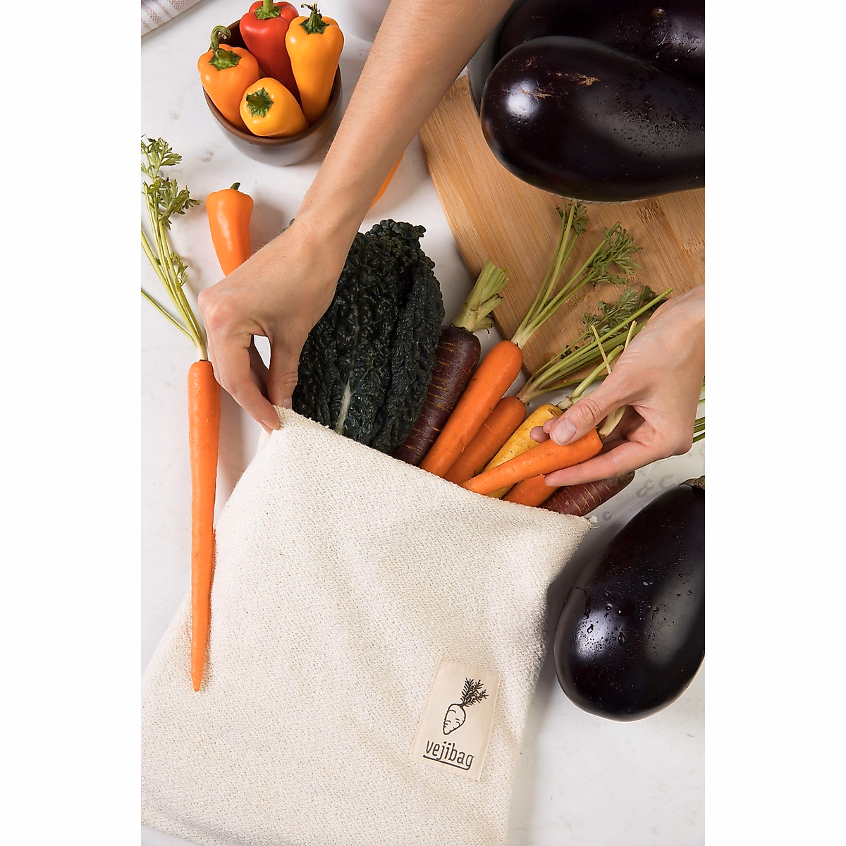 VEJIBAG Standard | Certified Organic Cotton Vegetable Crisper Bags | Produce Bags to Keep Lettuce & Veggies Fresh | Reusable, Eco-Friendly, Biodegradable, Machine Washable/Dryable | Made in USA