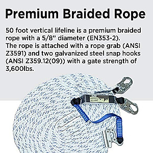 AFP 50FT Fall Protection Roofer Kit Braided Vertical Lifeline w/Rope Grab, 1 D-Ring Safety Harness, Hinged Anchor, Ballistic Nylon Tool Bag, Free Tool Lanyard | OSHA & ANSI Rated