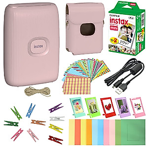 Fujifilm Instax Mini Link 2 Smartphone Printer Soft Pink + Fuji Instax Film Value Pack 20 Sheets Accessories Bundle with Case + 5 Plastic Desk Frames + 10 Paper Frames Plus 60 Sticker Frames