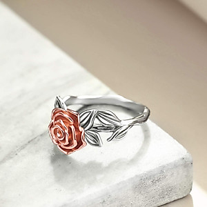 POPKIMI S925 Sterling Silver Rose Flower Rings for Women Engagement Rose Rings for Sisters Jewelry Promise Ring for Women (Rose Flower Ring, 8)