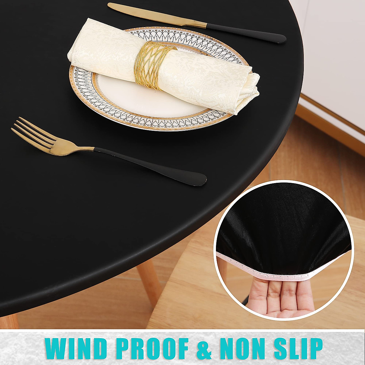 Smiry Round Table Cloth Cover, Elastic Fitted Flannel Backed Vinyl Tablecloths for 36"-44" Round Tables, Waterproof Wipeable Table Covers for Indoor, Outdoor, Picnic and Camping, Black