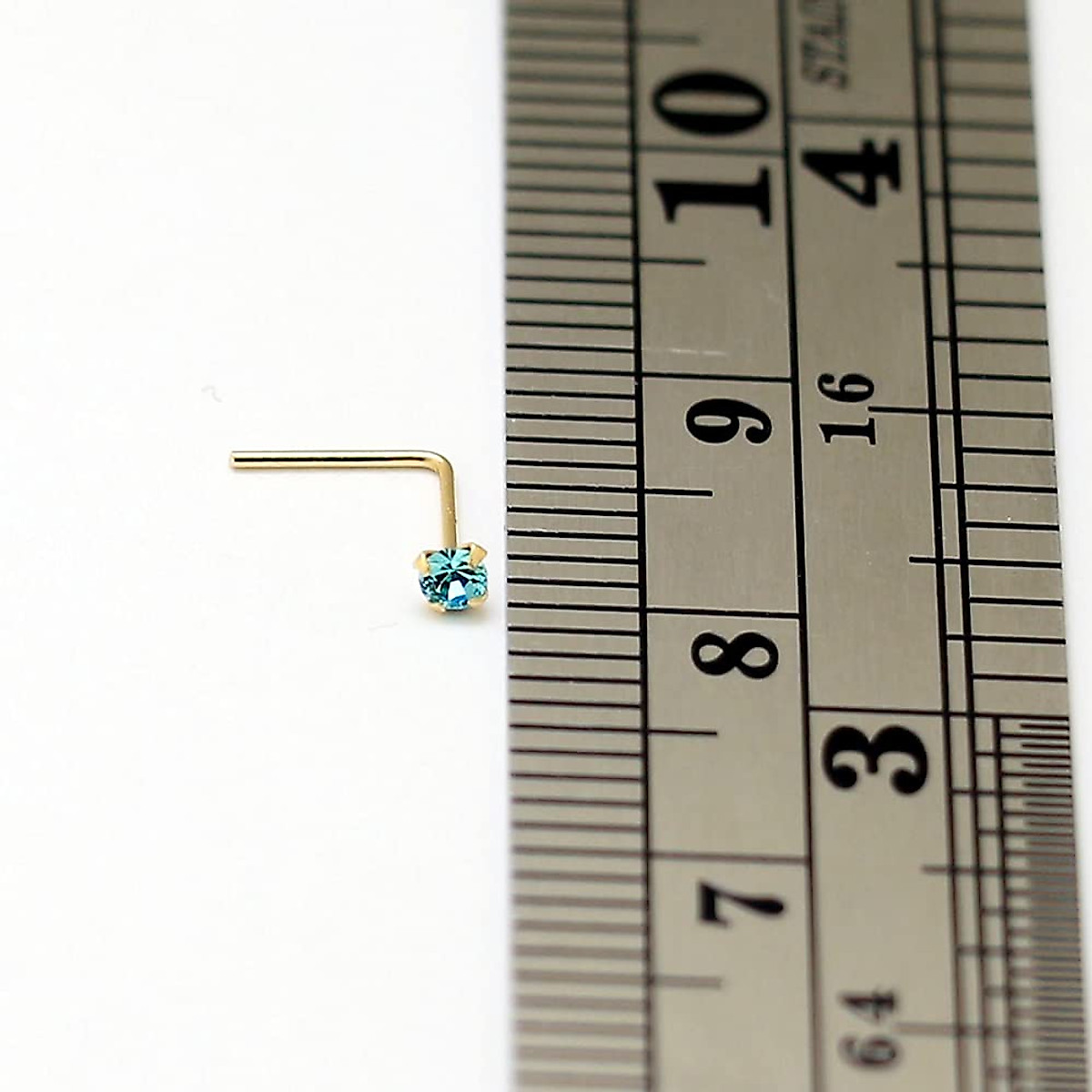 PiercingPoint 9K Solid Yellow Gold Claw Set 1.5MM Aquamarine Genuine Crystals Stone 22 Gauge L-Shape Nose Stud Jewelry