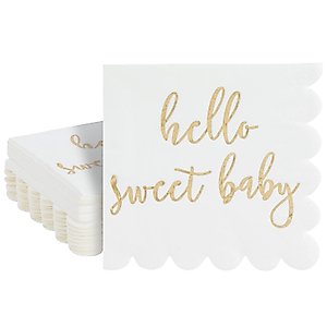 Juvale 50 Pack White Scalloped Baby Shower Napkins for Girls and Boys, Gold Foil Hello Sweet Baby Decorations (5 x 5 In)