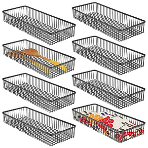 mDesign Metal Farmhouse Kitchen Cabinet Drawer Organizer Basket Tray, Shallow Storage Bin for Cutlery, Serving Spoons, Cooking Utensils, Appliances, Gadgets, Unity Collection, 15" Long, 8 Pack, Black