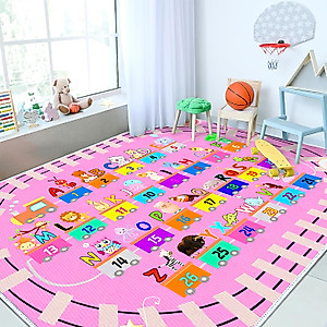 DoRlPIeY Kids ABC Pink Play Rug, Girl Alphabet Rugs with Numbers Animal Train and Road Shapes Learning Fun Educational Carpet, Playmat for Kid Bedroom Playroom 31x47 in Small Pattern