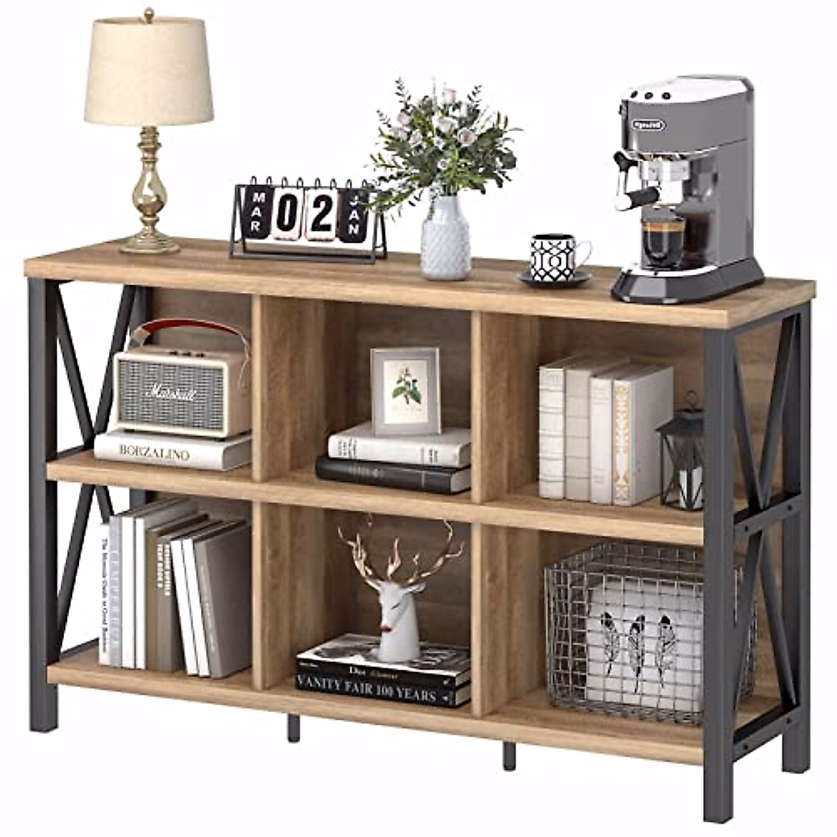 FATORRI 6 Cube Storage Organizer with Shelf, Long Wood and Metal Cubby Bookcase, Industrial Horizontal Bookshelf (Rustic Oak, 47 Inch)