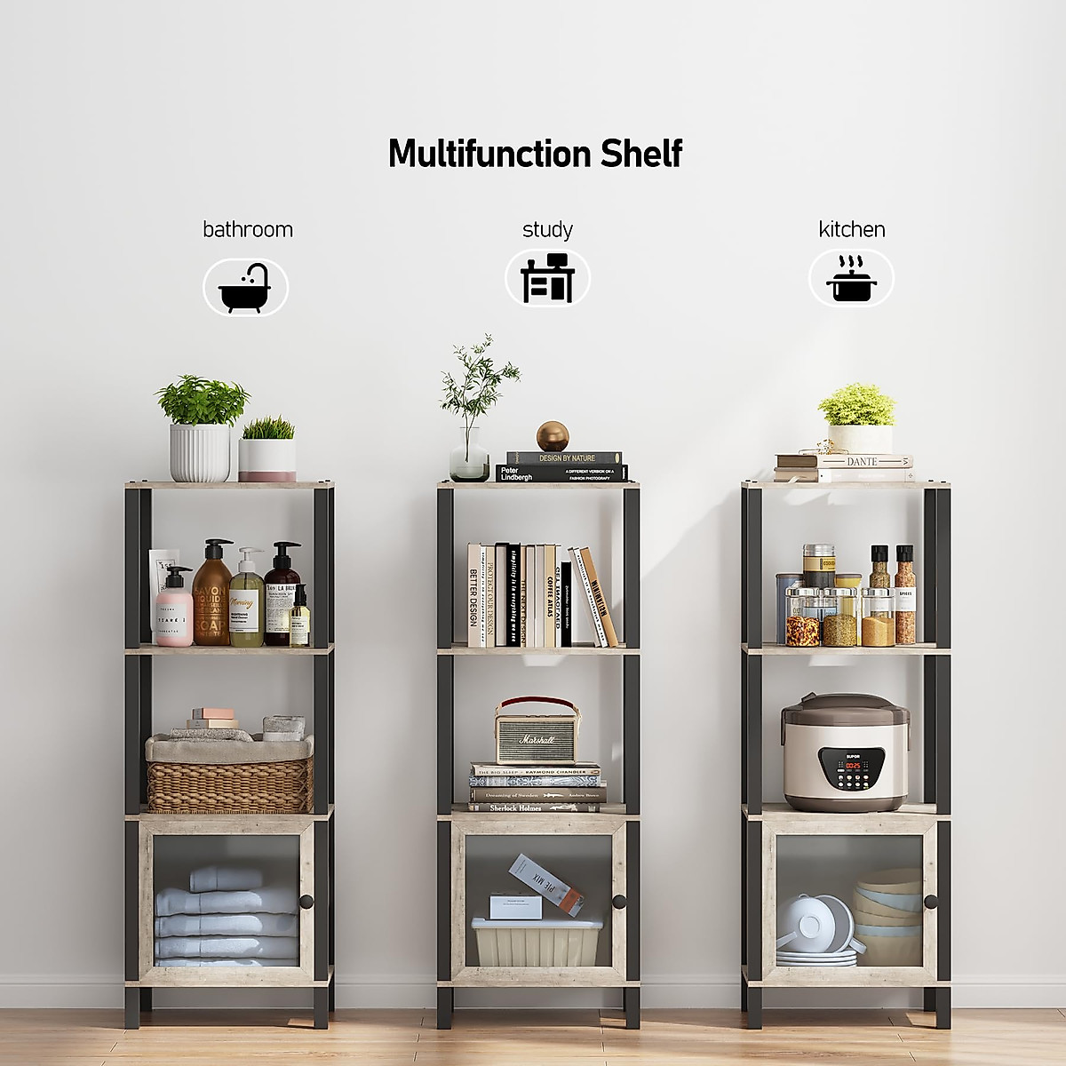 TUTOTAK 4 Tier Bookcase and Bookshelf, Narrow Book Shelf with Door for Small Space, for Living Room, Office, Study, Entryway, Greige BS03BG004