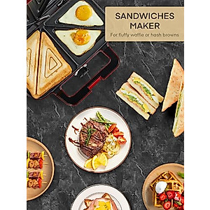3-in-1 Sandwich Maker, 1200W Grill, Waffle and Sandwich Maker, 5 Speed Temperature Control, 3 Non-Stick and Removable Plates, Cold Touch Handle, LED Light Indicators, BPA Free, Red