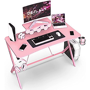 DEILALY Gaming Desk 45 Inch Computer Table Gamer Desk with Monitor Shelf Escritorios Mesa Office Home Study Desk Work Station PC Table Carbon Steel Leg with Headphone Holder Apartment Corner Desk Pink