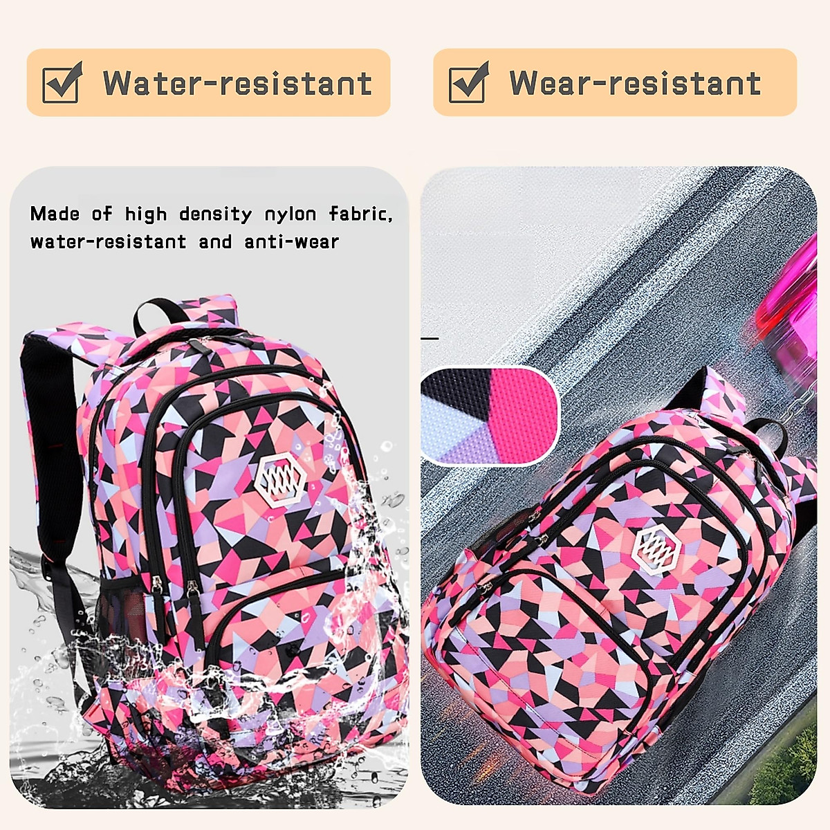 Geometric-Print Backpack School-Bag for Girls-Boys Middle-School Elementary Bookbags, Backpack for Girls 10-12