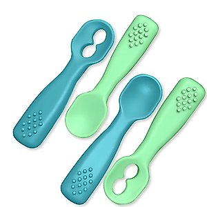 Silicone Baby Spoon Set | Baby Spoons Self Feeding 6 Months | BPA Free Baby Led Weaning Spoons Stage 1 & 2 for Kids 6+ Months | Silicone Baby Feeding Spoon Set - 4 Spoons, Green/Blue