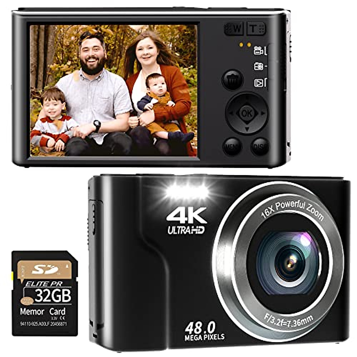 Digital Camera, FHD 4K Digital Camera for Kids & Adult, 48MP Vlogging Cameras for Photography, Small Compact Point and Shoot Digital Camera with 32GB SD Card for Beginners,Kids and Teens-Black