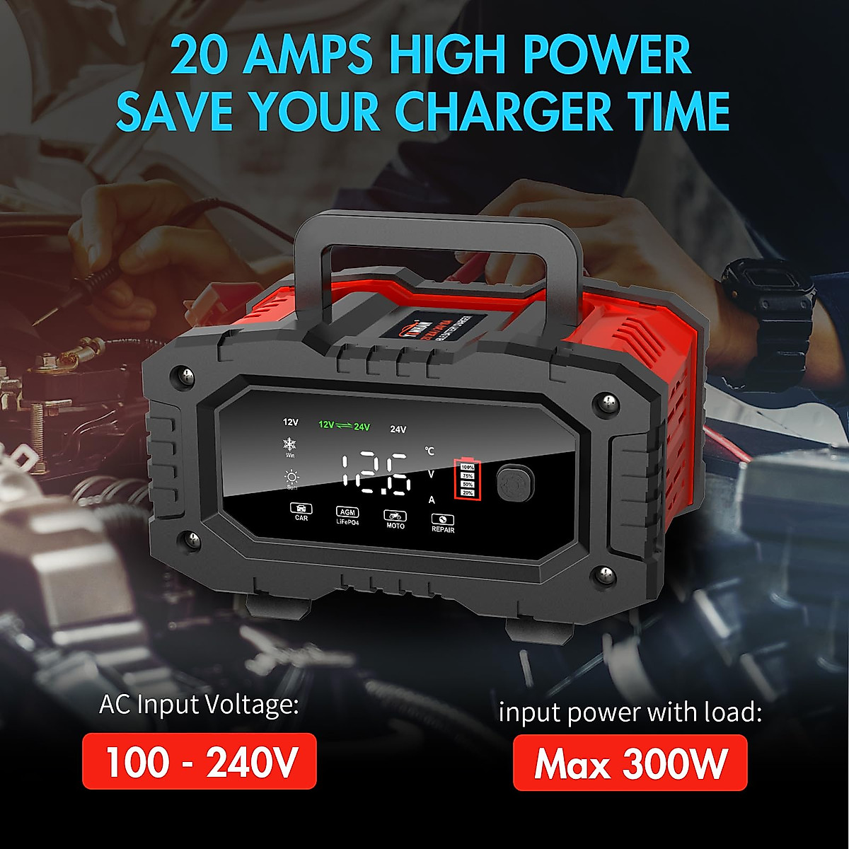 YONHAN Battery Charger 20 Amp Lifepo4 Float Fully-Automatic Smart Charger, 12V and 24V Car Battery Trickle Charger, Maintainer/Pulse Repair Charger for Car, Boat, Motorcycle, Lawn Mower