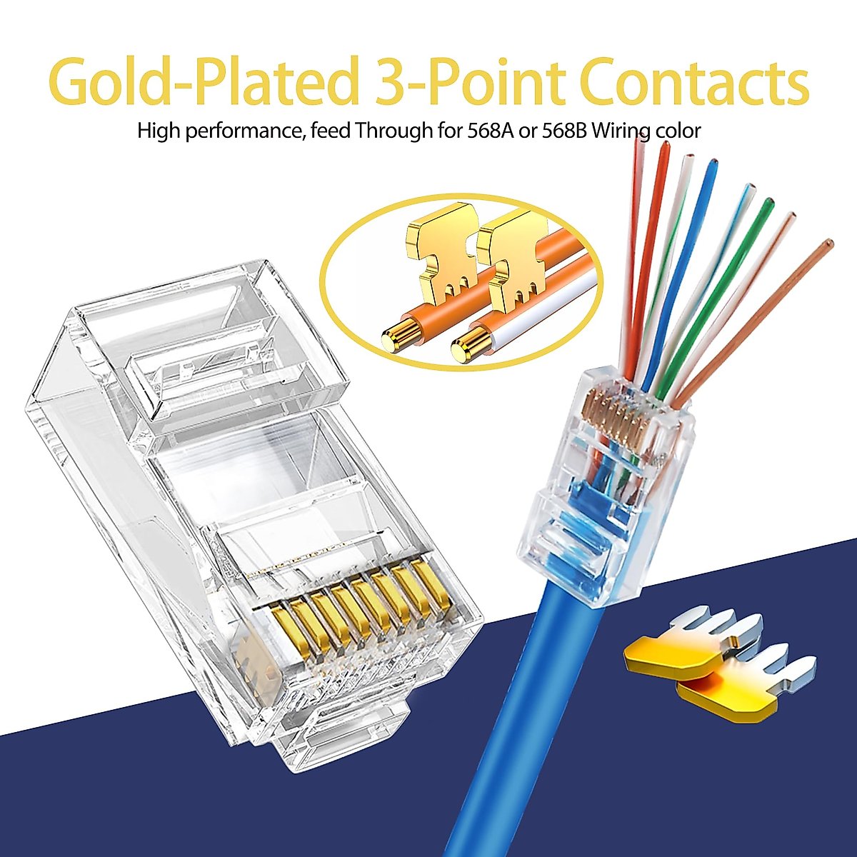 PETECHTOOL Cat6 RJ45 Connectors Pass Through Cat6 Cat5 Ethernet Connector 100-Pack with Wire Stripper for Solid or Stranded UTP Ethernet Cable