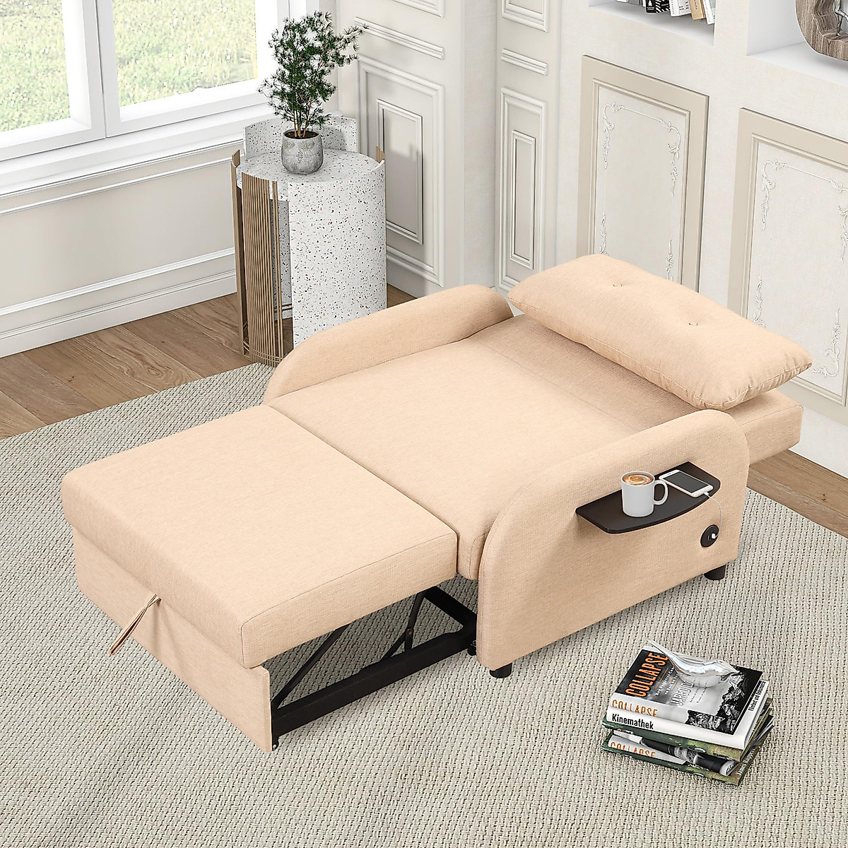 P PURLOVE 3 in 1 Linen Sleeper Sofa Couch Bed, Modern Convertible Sleeper Sofa Bed, Small Sofa Bed with 2 Wing Table Side Pocket and USB Charge for Living Room, Apartment, Beige