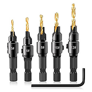 Szliyands 1/4 inch Hex Shank Countersink Drill Bit Power Tools Accessories for Plastic Metal Woodworking Tool by Power Drill 5Pcs/Set （5/6/8/10/12#）