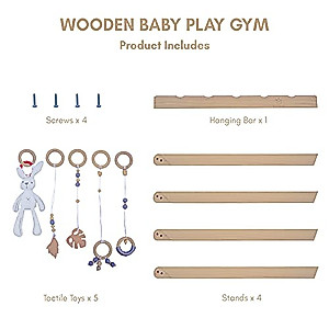 ECOADE Wooden Play Gym - Activity Gym for Baby with 4 Hanging Wooden Baby Toys and 1 Bunny Rattle, Gender Neutral Boho Nursery Decor, Minimalist Baby Nursery