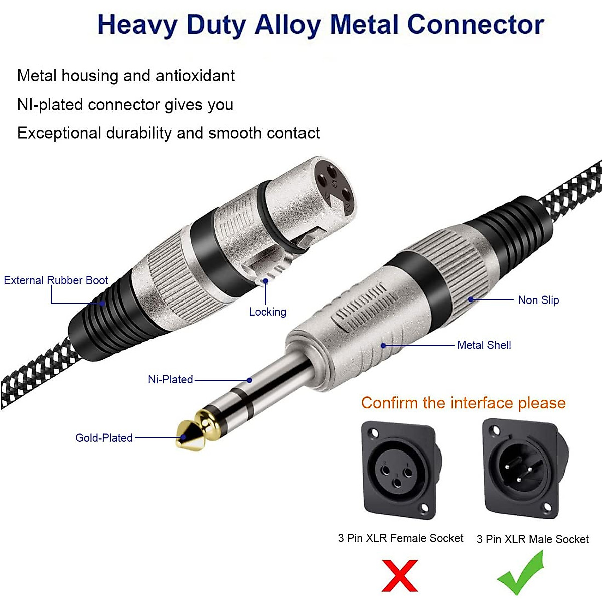 KINXIYU XLR Female to 1/4 Inch TRS Cables 3 FT/2Pack, Nylong Braided XLR 3 Pin Female to 6.35mm TRS Male Balanced Wire Mic Cord (Pure Copper Conductors)