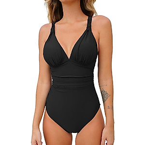 CUPSHE Women One Piece Swimsuit Deep V Neck Tummy Control Ruched V Back Classic Bathing Suits S Black