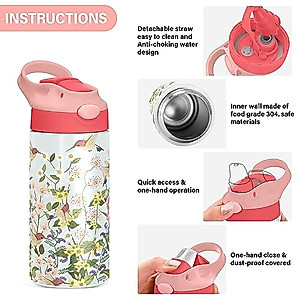 Kigai Hummingbirds Kids Water Bottle, Insulated Stainless Steel Water Bottles with Straw Lid, 12 oz BPA-Free Leakproof Duck Mouth Thermos for Boys Girls