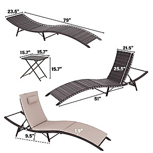 Gotland Patio Chaise Lounge Sets Outdoor Rattan Adjustable Back 3 Pieces Cushioned Patio Folding Chaise Lounge with Folding Table