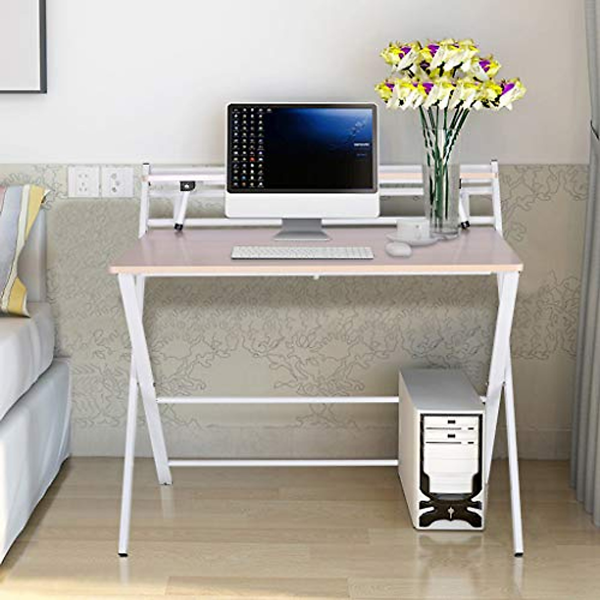 Tomppy 32inch Folding Desk for Small Spaces - Home Office Desk Simple Laptop Writing Table Multifunctional Study Writing Computer Desk Workstation for Home Office Use with Storage Shelf (1PC)