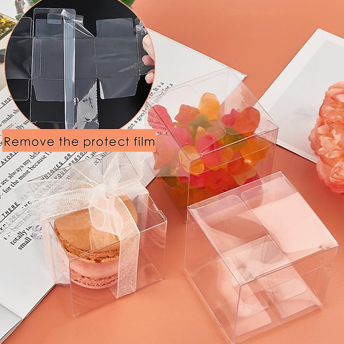Jutieuo 100 Pack 2x2x2 Inches Clear Favor Boxes with Ribbons, Transparent Cube Treat Boxes for Candy Mini Cupcake & Chocolate Bomb, Individual Macaron Packaging Box for 2