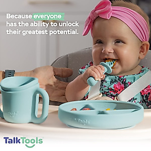 TalkTools Itsy Baby Utensil Set – Silicone Training Cup, Plate and Twin Spoon Pack for Toddlers| Infant First Food Self Feeding Silicone Training Set (Sage)