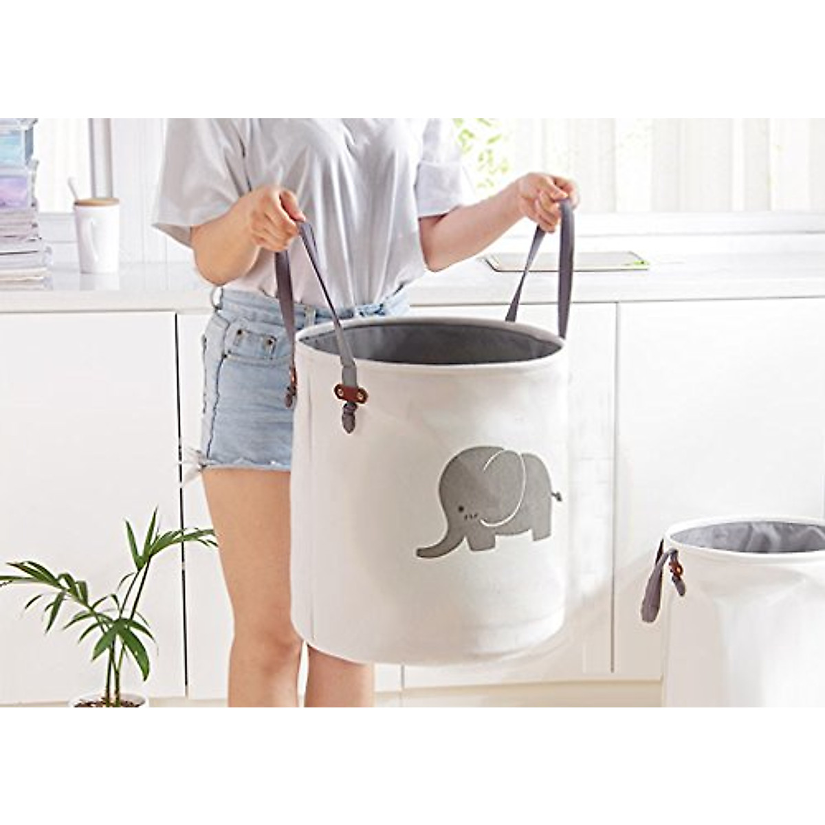 Lannu Laundry Hamper Storage Bin Baskets Nursery Kid's Cotton Linen Collection Organizer Canvas Fabric Collapsible Bags Baby Toys,Elephant