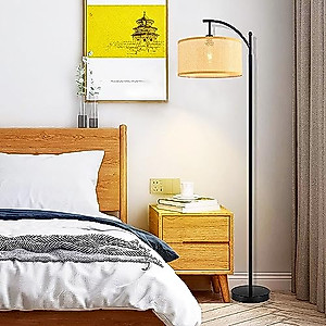 QIYIZM Floor Lamp with Remote Arc Boho Rattan Standing Lamp,Farmhouse Dimmable Industrial Black Wicker Floor Light Rustic Adjustable Tall Lamp,Bamboo Lamp Shade Floor Lamps for Living Room Bedroom