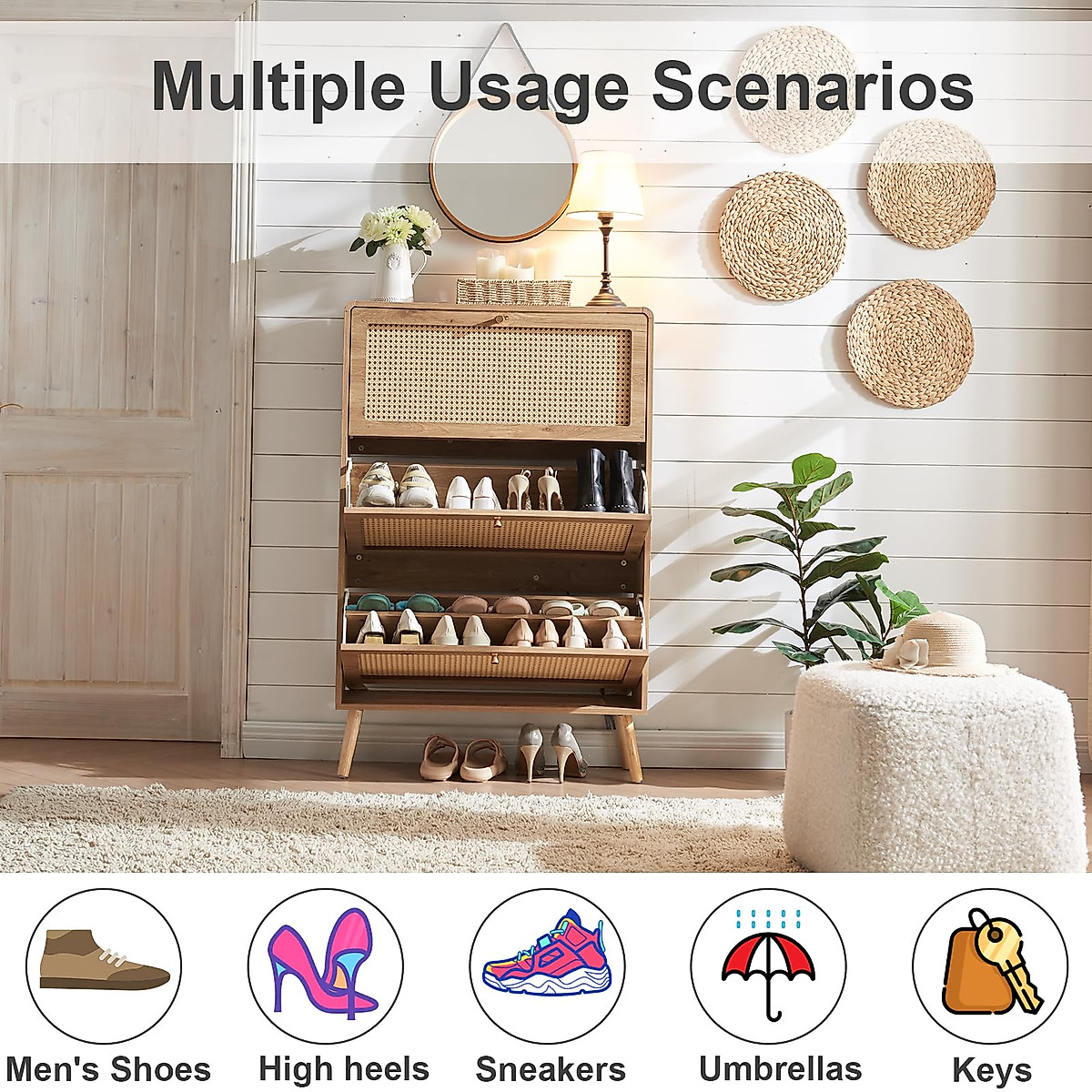 Anewome Rattan Shoe Cabinet with 3 Flip Drawers, 24 Pairs Shoe Storage Cabinet for Entryway Freestanding Hidden Shoe Rack with Drawers Slim Shoe Organizer for Hallway, Living Room, Natural