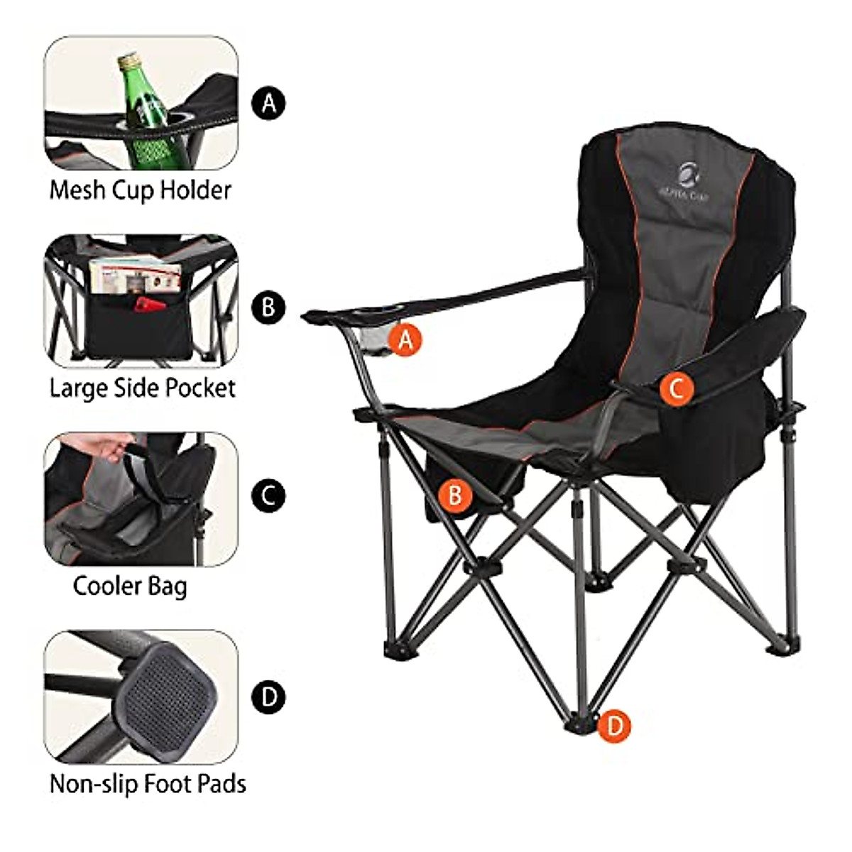 ALPHA CAMP Oversized Folding Camping Chair, Heavy Duty Portable Lawn Chairs with Cooler Bag, Side Pocket & Cup Holder, Folding Chairs for Outside Support 450 LBS