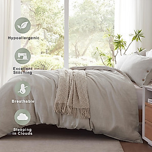 TOSMO 100% Linen Duvet Cover Set with Button Closure, 3 Pieces (1 Duvet Cover with 2 Pillowcases), Soft Breathable Durable Farmhouse Bedding - Queen, Natural Linen