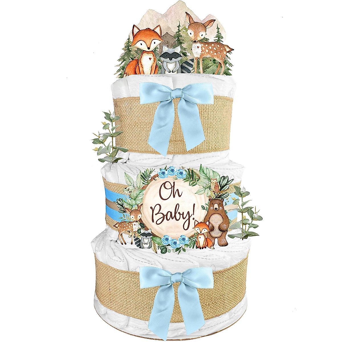 Woodland Creatures Diaper Cake - Baby Gift for a Boy - Burlap and Blue