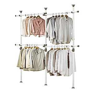 PRINCE HANGER, One Touch Double 2-tier Adjustable Garment Rack, Clothing Rack, Freestanding, Tension Rod for Hanging Clothes, Coats, Skirts, Shirts, Sweaters, portable, White, Made in Korea