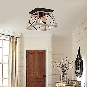 Q&S Rustic Farmhouse Ceiling Light Fixture Flush Mount Vintage Ceiling Lights for Hallway Entryway Kitchen Dining Room Bedroom,Wrought Iron Oak White and ORB 1 Light E26