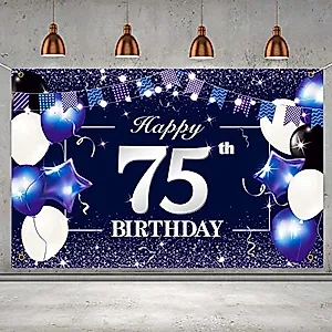 P.G Collin Happy 75th Birthday Banner Backdrop Sign Background 75 Birthday Party Decorations Supplies for Him Men 6 x 4ft Blue Purple Blue White 75