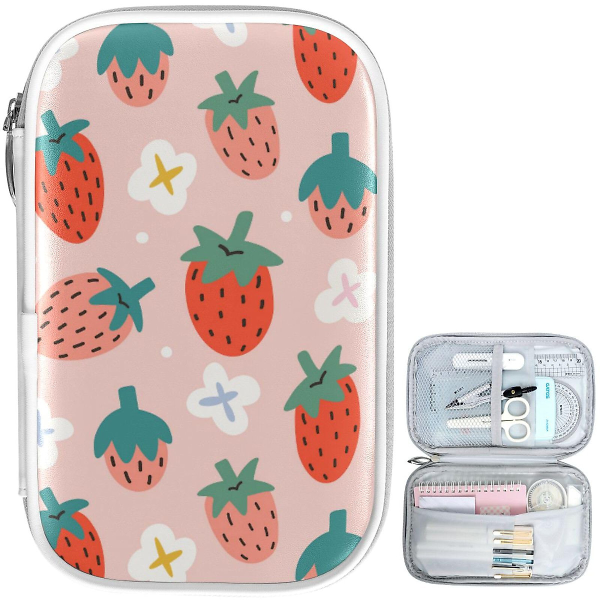 ZZKKO Strawberries Cute Pink Pencil Bag Case Zipper Pencil Holder Organizer Stationary Pen Bag Cosmetic Makeup Bag Pouch Purse for School Office Supplies